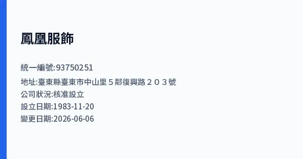 鳳凰服飾的照片-統編 93750251(臺東縣) 公司登記資料與營業項目詳細圖表