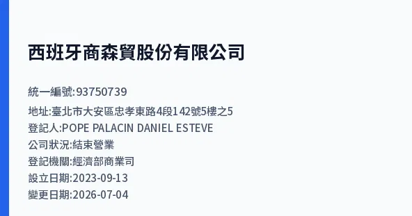 西班牙商森貿股份有限公司的照片-統編 93750739(臺北市) 公司登記資料與營業項目詳細圖表
