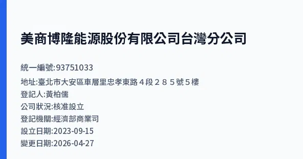 美商博隆能源股份有限公司台灣分公司的照片-統編 93751033(臺北市) 公司登記資料與營業項目詳細圖表