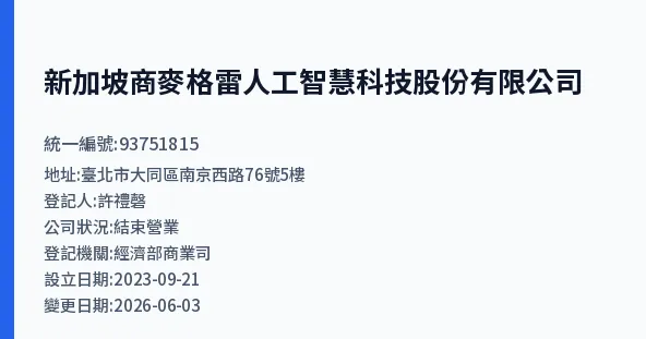 新加坡商麥格雷人工智慧科技股份有限公司的照片-統編 93751815(臺北市) 公司登記資料與營業項目詳細圖表