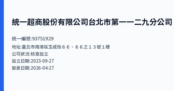 統一超商股份有限公司台北市第一一二九分公司的照片-統編 93751929(臺北市) 公司登記資料與營業項目詳細圖表
