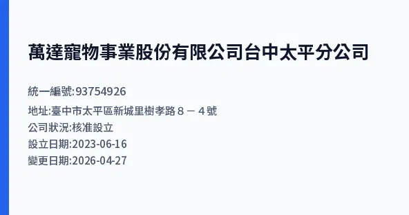 萬達寵物事業股份有限公司台中太平分公司的照片-統編 93754926(臺中市) 公司登記資料與營業項目詳細圖表