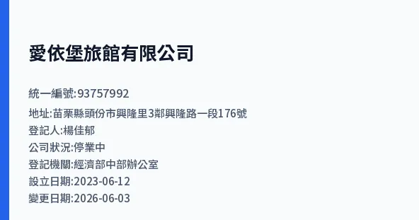愛依堡旅館有限公司的照片-統編 93757992(苗栗縣) 公司登記資料與營業項目詳細圖表