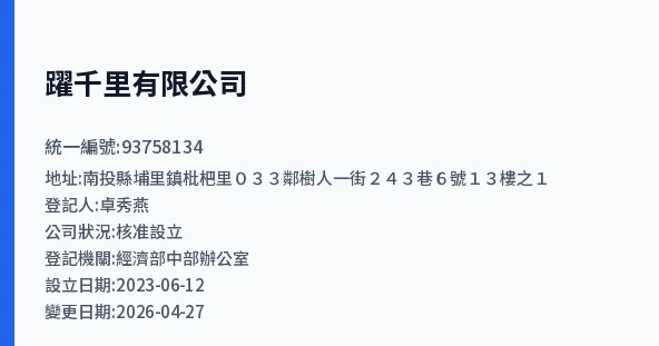 躍千里有限公司的照片-統編 93758134(南投縣) 公司登記資料與營業項目詳細圖表