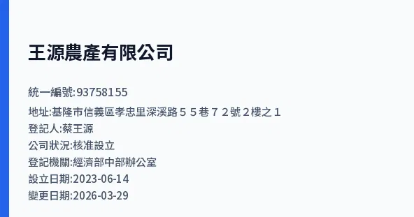 王源農產有限公司的照片-統編 93758155(基隆市) 公司登記資料與營業項目詳細圖表