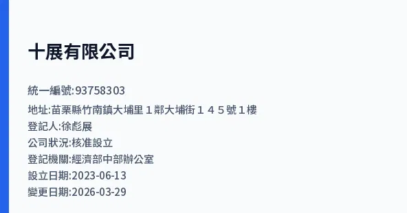 十展有限公司的照片-統編 93758303(苗栗縣) 公司登記資料與營業項目詳細圖表