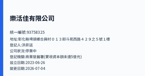樂活佳有限公司的照片-統編 93758325(彰化縣) 公司登記資料與營業項目詳細圖表