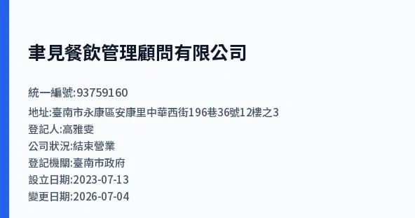 聿見餐飲管理顧問有限公司的照片-統編 93759160(臺南市) 公司登記資料與營業項目詳細圖表