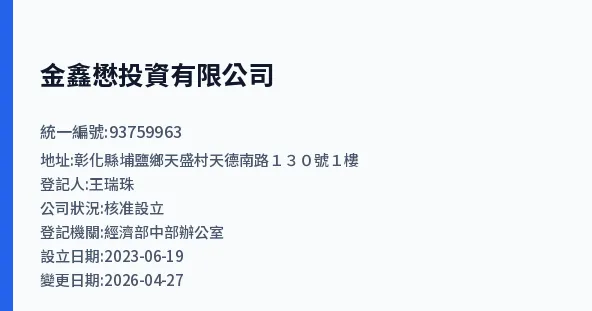 金鑫懋投資有限公司的照片-統編 93759963(彰化縣) 公司登記資料與營業項目詳細圖表