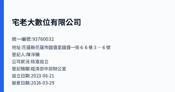 宅老大數位有限公司的照片-統編 93760032(花蓮縣) 公司登記資料與營業項目詳細圖表