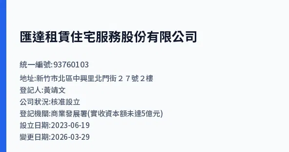 匯達租賃住宅服務股份有限公司的照片-統編 93760103(新竹市) 公司登記資料與營業項目詳細圖表