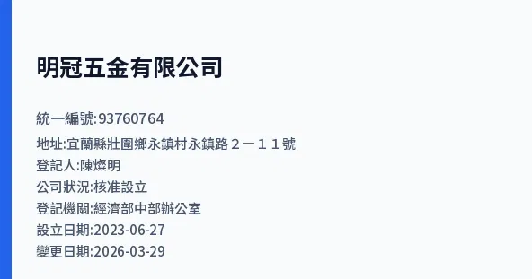 明冠五金有限公司的照片-統編 93760764(宜蘭縣) 公司登記資料與營業項目詳細圖表