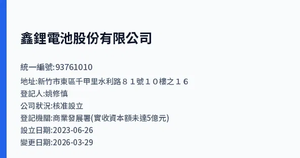 鑫鋰電池股份有限公司的照片-統編 93761010(新竹市) 公司登記資料與營業項目詳細圖表