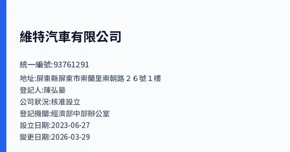 維特汽車有限公司的照片-統編 93761291(屏東縣) 公司登記資料與營業項目詳細圖表