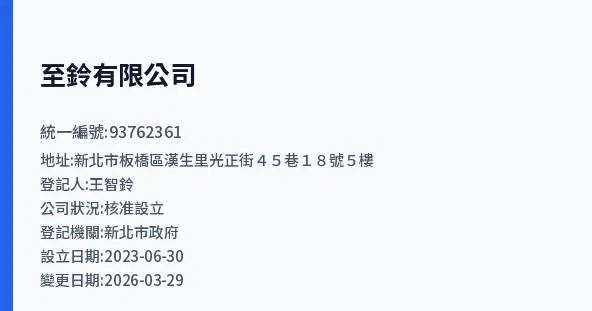 至鈴有限公司的照片-統編 93762361(新北市) 公司登記資料與營業項目詳細圖表