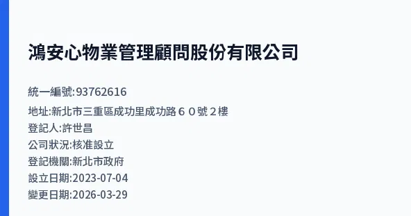 鴻安心物業管理顧問股份有限公司的照片-統編 93762616(新北市) 公司登記資料與營業項目詳細圖表