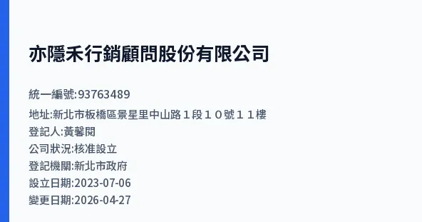 亦隱禾行銷顧問股份有限公司的照片-統編 93763489(新北市) 公司登記資料與營業項目詳細圖表