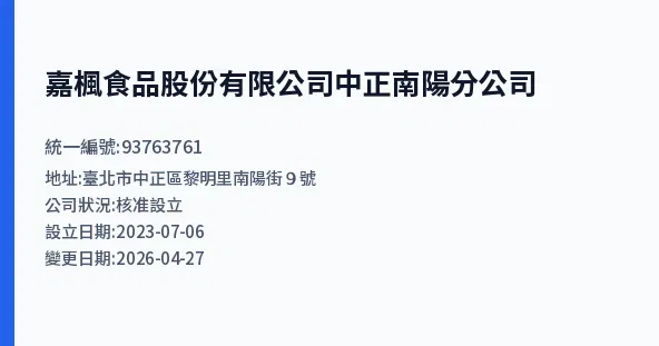 嘉楓食品股份有限公司中正南陽分公司的照片-統編 93763761(臺北市) 公司登記資料與營業項目詳細圖表