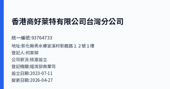 香港商好萊特有限公司台灣分公司的照片-統編 93764733(彰化縣) 公司登記資料與營業項目詳細圖表