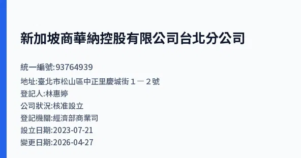 新加坡商華納控股有限公司台北分公司的照片-統編 93764939(臺北市) 公司登記資料與營業項目詳細圖表