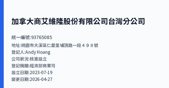 加拿大商艾維隆股份有限公司台灣分公司的照片-統編 93765085(桃園市) 公司登記資料與營業項目詳細圖表