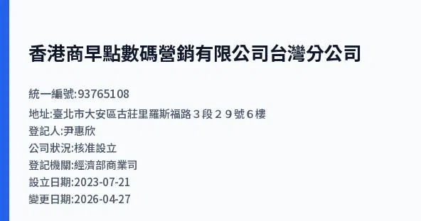 香港商早點數碼營銷有限公司台灣分公司的照片-統編 93765108(臺北市) 公司登記資料與營業項目詳細圖表