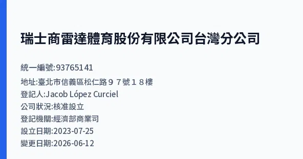 瑞士商雷達體育股份有限公司台灣分公司的照片-統編 93765141(臺北市) 公司登記資料與營業項目詳細圖表