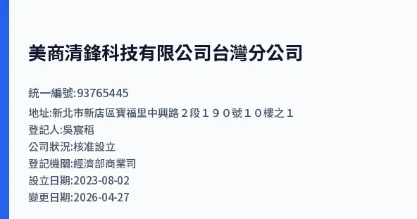 美商清鋒科技有限公司台灣分公司的照片-統編 93765445(新北市) 公司登記資料與營業項目詳細圖表