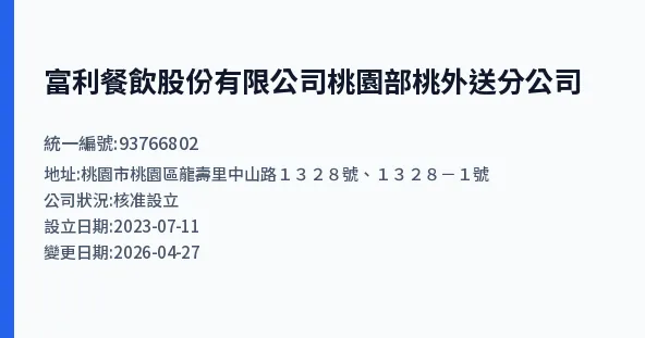 富利餐飲股份有限公司桃園部桃外送分公司的照片-統編 93766802(桃園市) 公司登記資料與營業項目詳細圖表