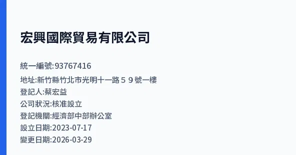 宏興國際貿易有限公司的照片-統編 93767416(新竹縣) 公司登記資料與營業項目詳細圖表