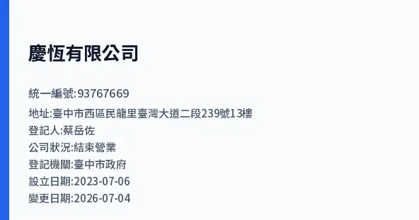 慶恆有限公司的照片-統編 93767669(臺中市) 公司登記資料與營業項目詳細圖表