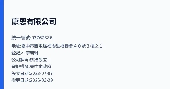 康恩有限公司的照片-統編 93767886(臺中市) 公司登記資料與營業項目詳細圖表