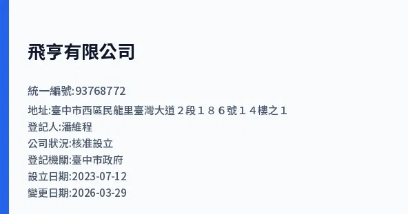 飛亨有限公司的照片-統編 93768772(臺中市) 公司登記資料與營業項目詳細圖表