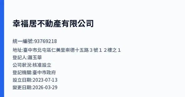 幸福居不動產有限公司的照片-統編 93769218(臺中市) 公司登記資料與營業項目詳細圖表