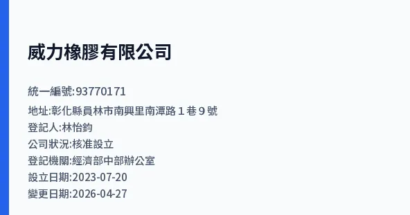 威力橡膠有限公司的照片-統編 93770171(彰化縣) 公司登記資料與營業項目詳細圖表