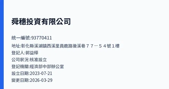 舜穗投資有限公司的照片-統編 93770411(彰化縣) 公司登記資料與營業項目詳細圖表