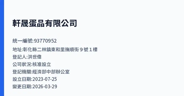 軒晟蛋品有限公司的照片-統編 93770952(彰化縣) 公司登記資料與營業項目詳細圖表
