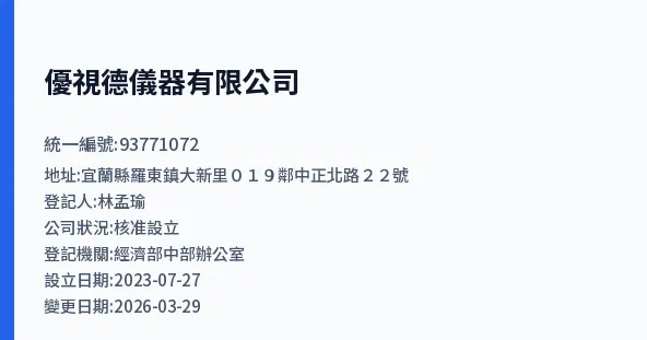優視德儀器有限公司的照片-統編 93771072(宜蘭縣) 公司登記資料與營業項目詳細圖表