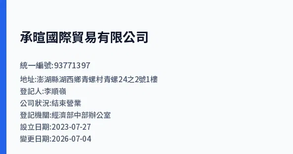 承暄國際貿易有限公司的照片-統編 93771397(澎湖縣) 公司登記資料與營業項目詳細圖表
