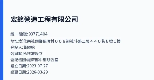 宏銘營造工程有限公司的照片-統編 93771404(彰化縣) 公司登記資料與營業項目詳細圖表