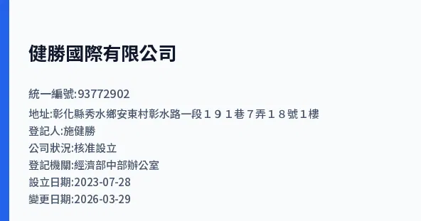 健勝國際有限公司的照片-統編 93772902(彰化縣) 公司登記資料與營業項目詳細圖表
