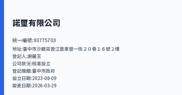 諾璽有限公司的照片-統編 93775703(臺中市) 公司登記資料與營業項目詳細圖表