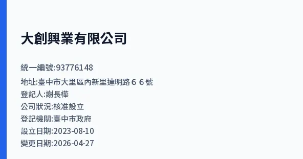 大創興業有限公司的照片-統編 93776148(臺中市) 公司登記資料與營業項目詳細圖表