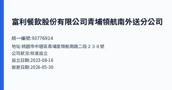 富利餐飲股份有限公司青埔領航南外送分公司的照片-統編 93776914(桃園市) 公司登記資料與營業項目詳細圖表