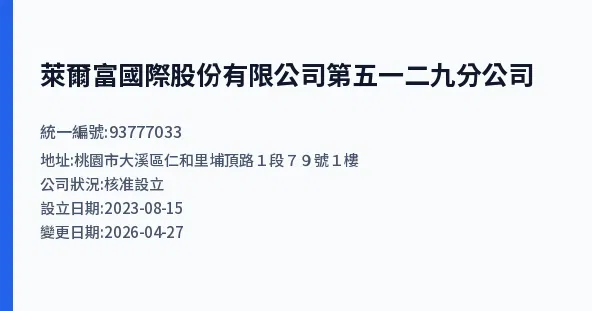 萊爾富國際股份有限公司第五一二九分公司的照片-統編 93777033(桃園市) 公司登記資料與營業項目詳細圖表