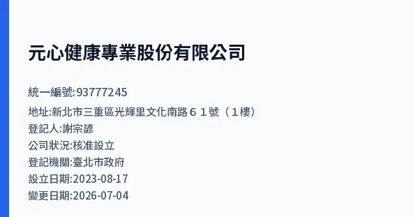 元心健康專業股份有限公司的照片-統編 93777245(新北市) 公司登記資料與營業項目詳細圖表