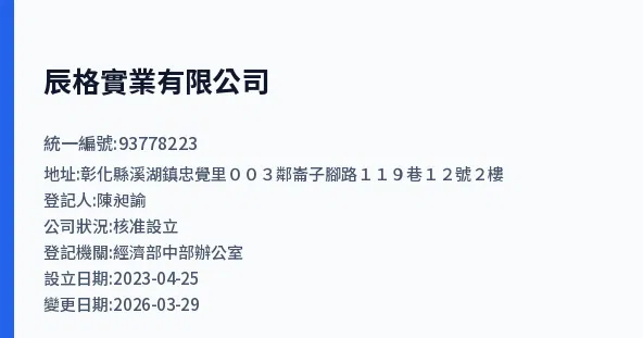 辰格實業有限公司的照片-統編 93778223(彰化縣) 公司登記資料與營業項目詳細圖表