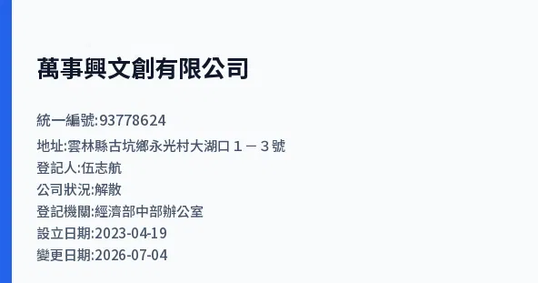 萬事興文創有限公司的照片-統編 93778624(雲林縣) 公司登記資料與營業項目詳細圖表