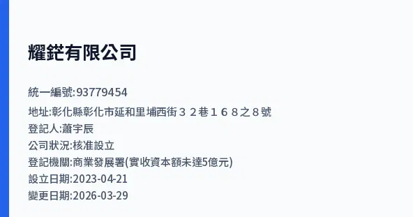 耀鋩有限公司的照片-統編 93779454(彰化縣) 公司登記資料與營業項目詳細圖表