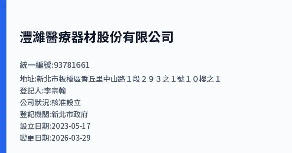 灃濰醫療器材股份有限公司的照片-統編 93781661(新北市) 公司登記資料與營業項目詳細圖表
